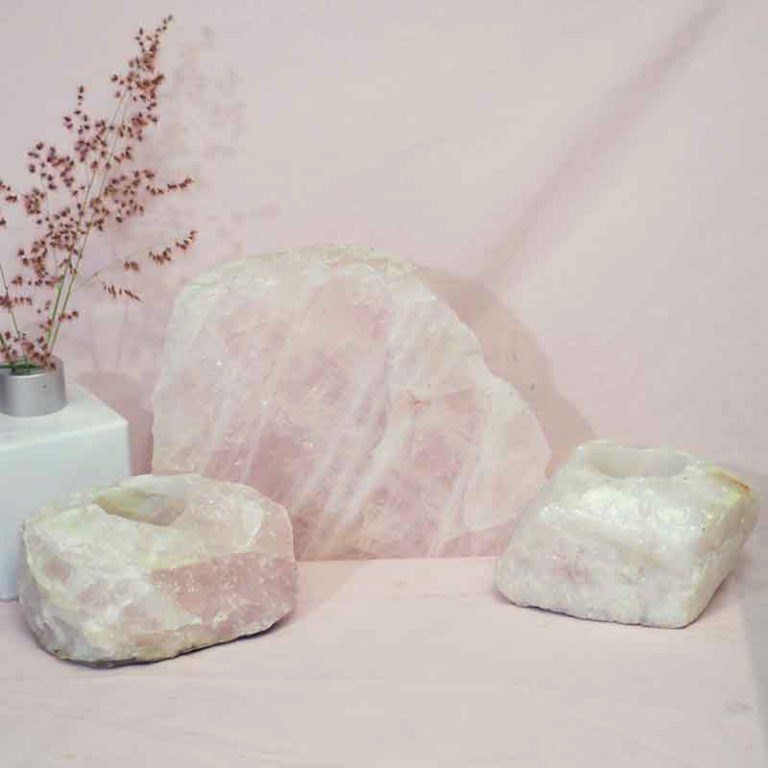 1.5kg Rose Quartz Slab With Rose Quartz Tea Light Candle Holder Set ...