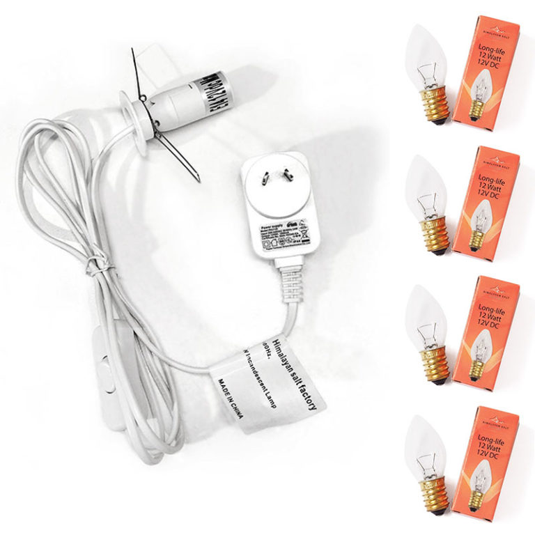 Himalayan Salt Lamp Power Cord – White + 4 Bulbs (12W-12V) (12V DC) For ...